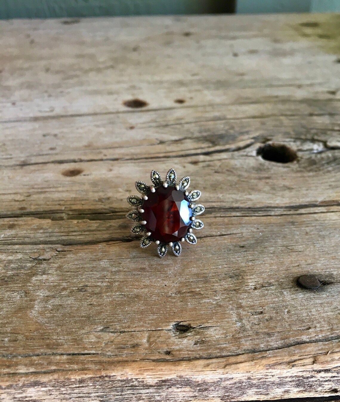 Sterling Silver Ring / Faux Garnet / Large Stone/ Big / Oval / | Etsy