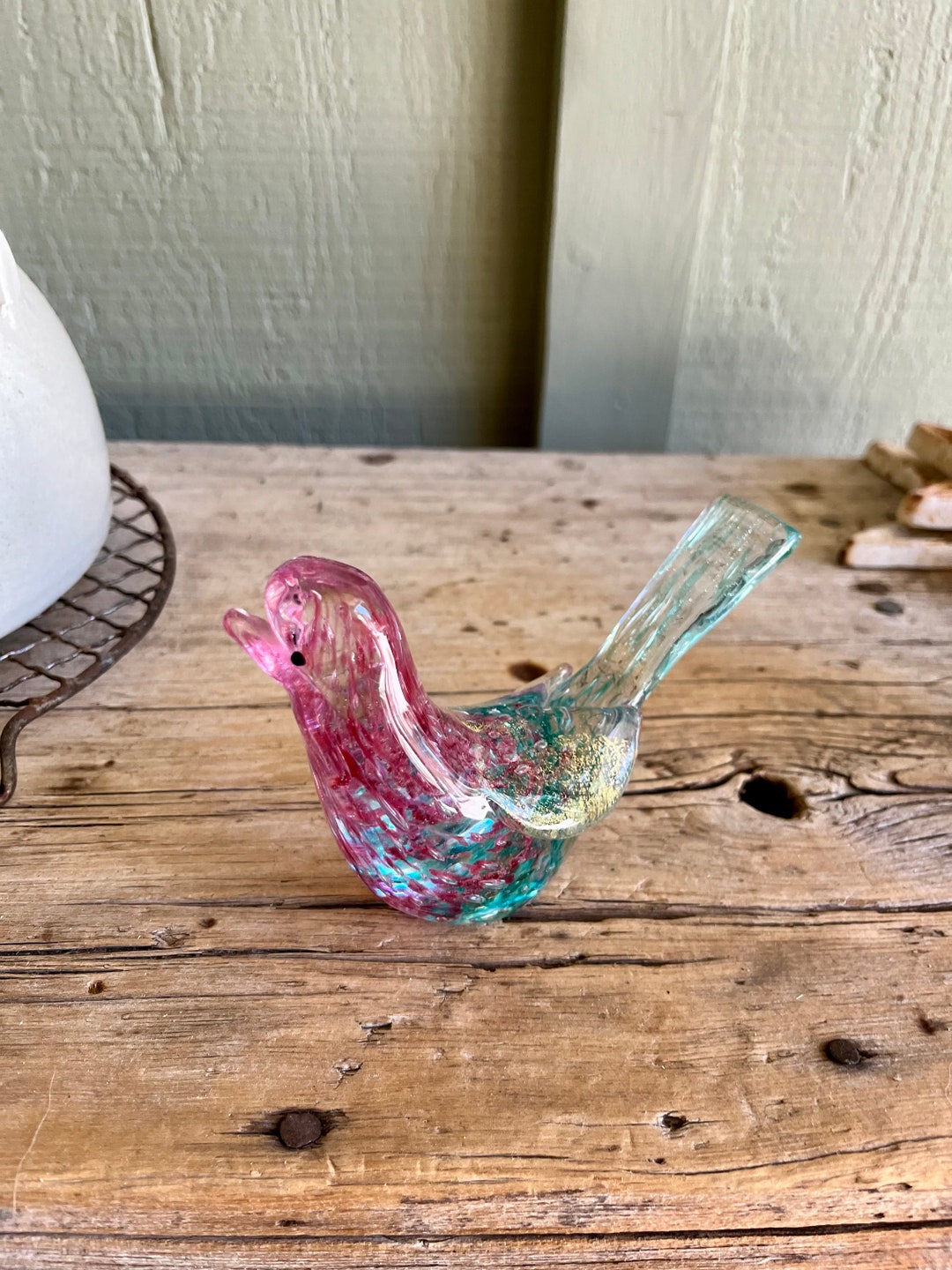 Art Glass / Bird Figurine / Hand Blown Glass / Pink Glass / Teal Glass ...