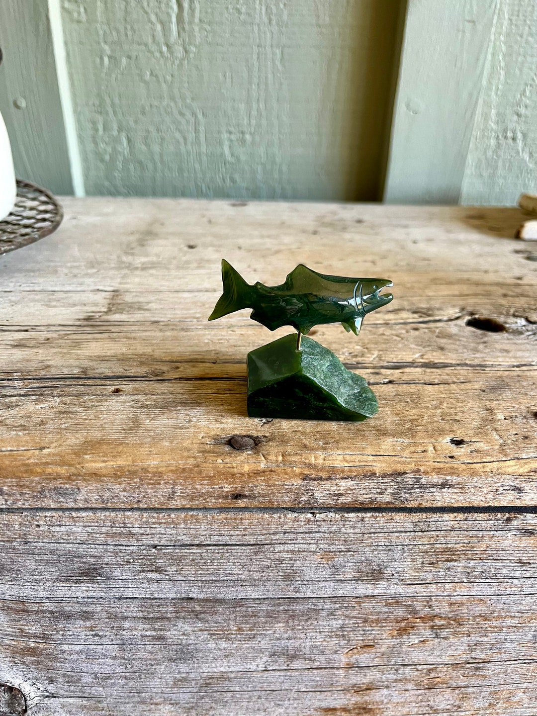 Jade Figurine / Green Jade / Salmon Fish / Jade Stand / Carved Jade ...