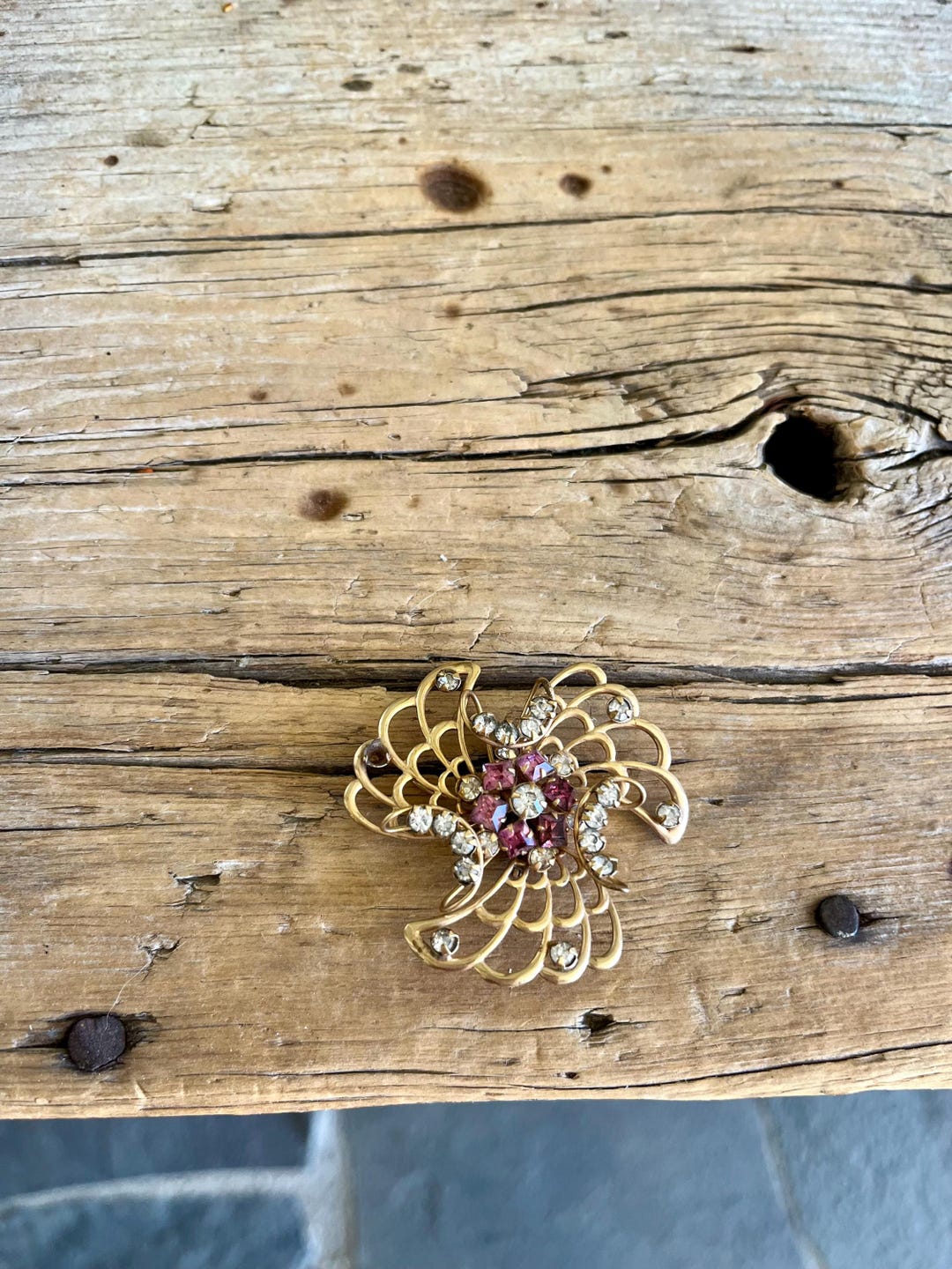 Phyllis Brooch / 1/20 12K Gold Filled / Pink Rhinestones / Clear ...