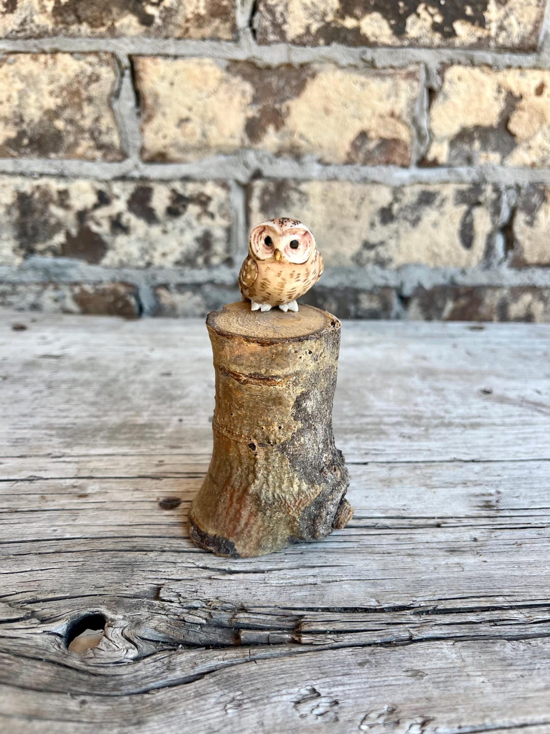 Wooden Figurine / Real Branch / Tree Stump / Ceramic Owl / Miniature ...