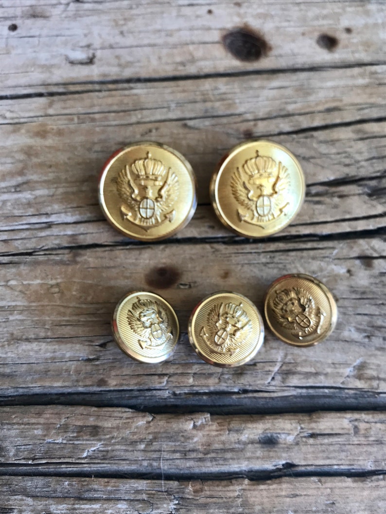 Military Buttons / Gold Tone / Bird / Crown / Shield / Anchor / Two 0. ...