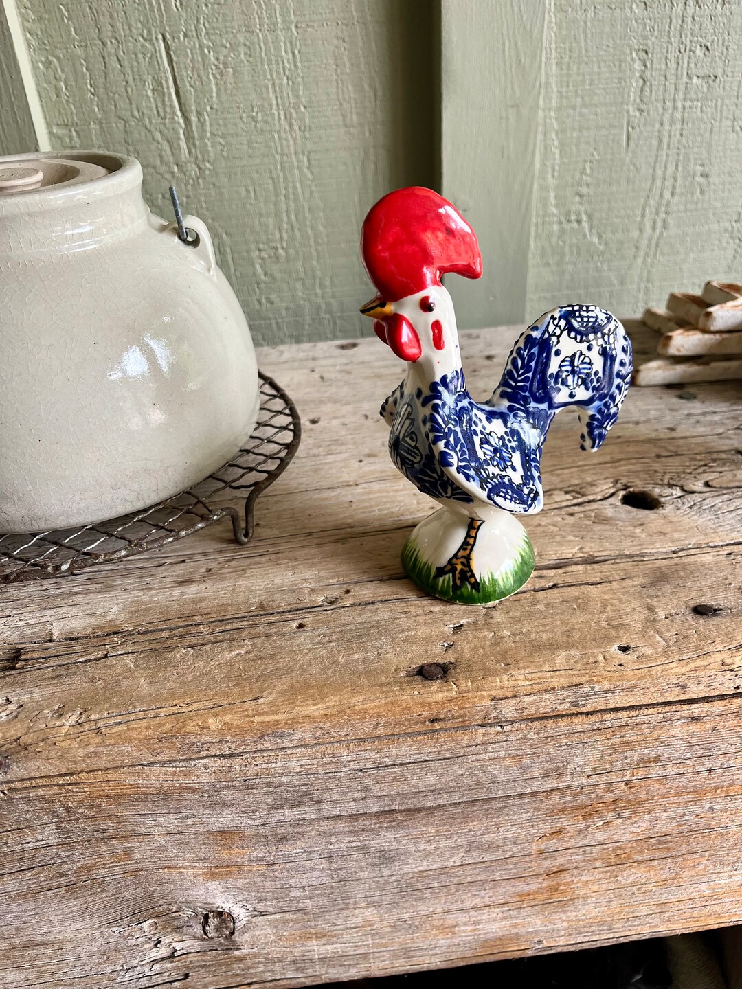Ceramic Rooster / Rooster Figurine / Blue and White / Floral Textured ...
