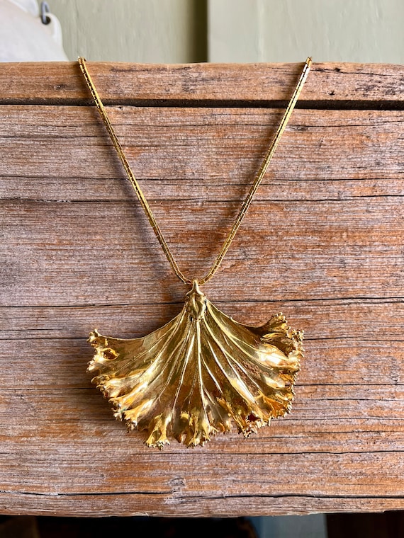 Gold Tone Long Necklace Large Pendant Lettuce Leaf Kale Leaf Rectangle Rolo Link 24.50 Inch 3D Leaf Etsy