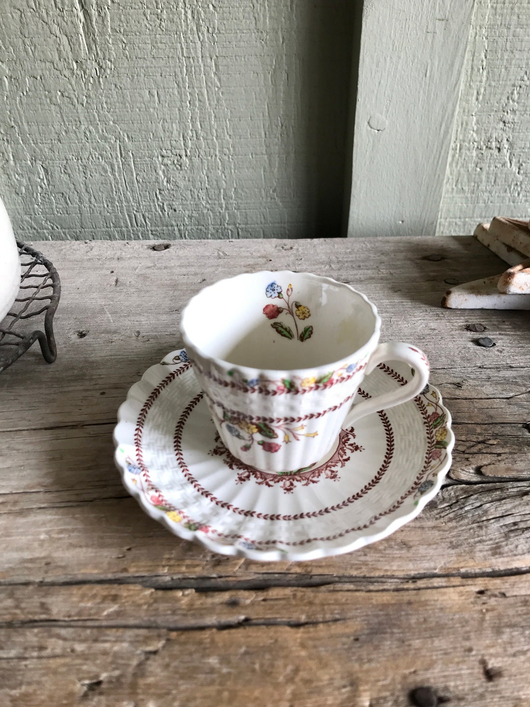Spode Cowslip / Chelsea Wicker Shape / Multicolor Flowers / Demitasse Set / Flat Cup and Saucer ...
