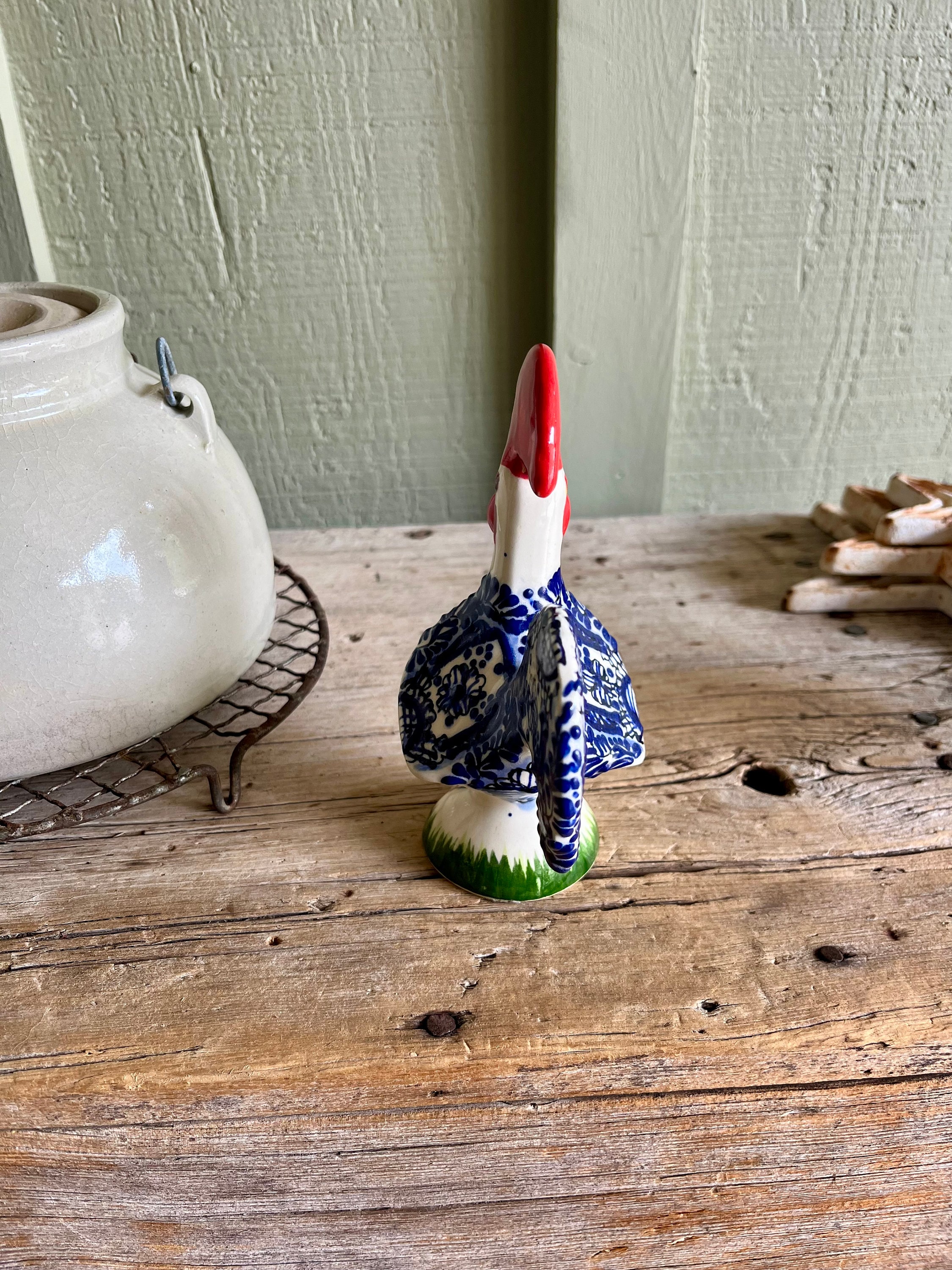 Ceramic Rooster / Rooster Figurine / Blue and White / Floral Textured ...