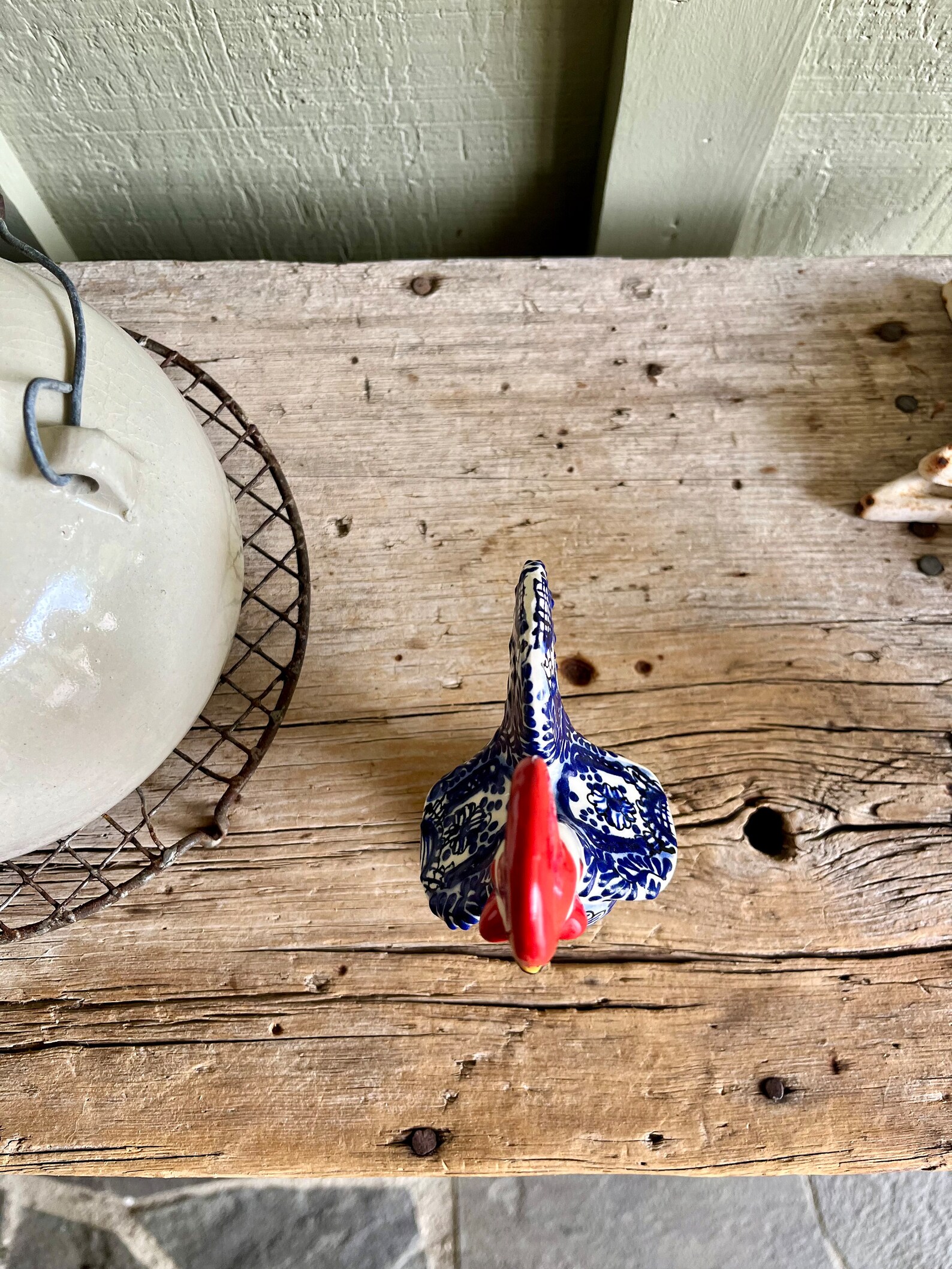 Ceramic Rooster / Rooster Figurine / Blue and White / Floral Textured ...