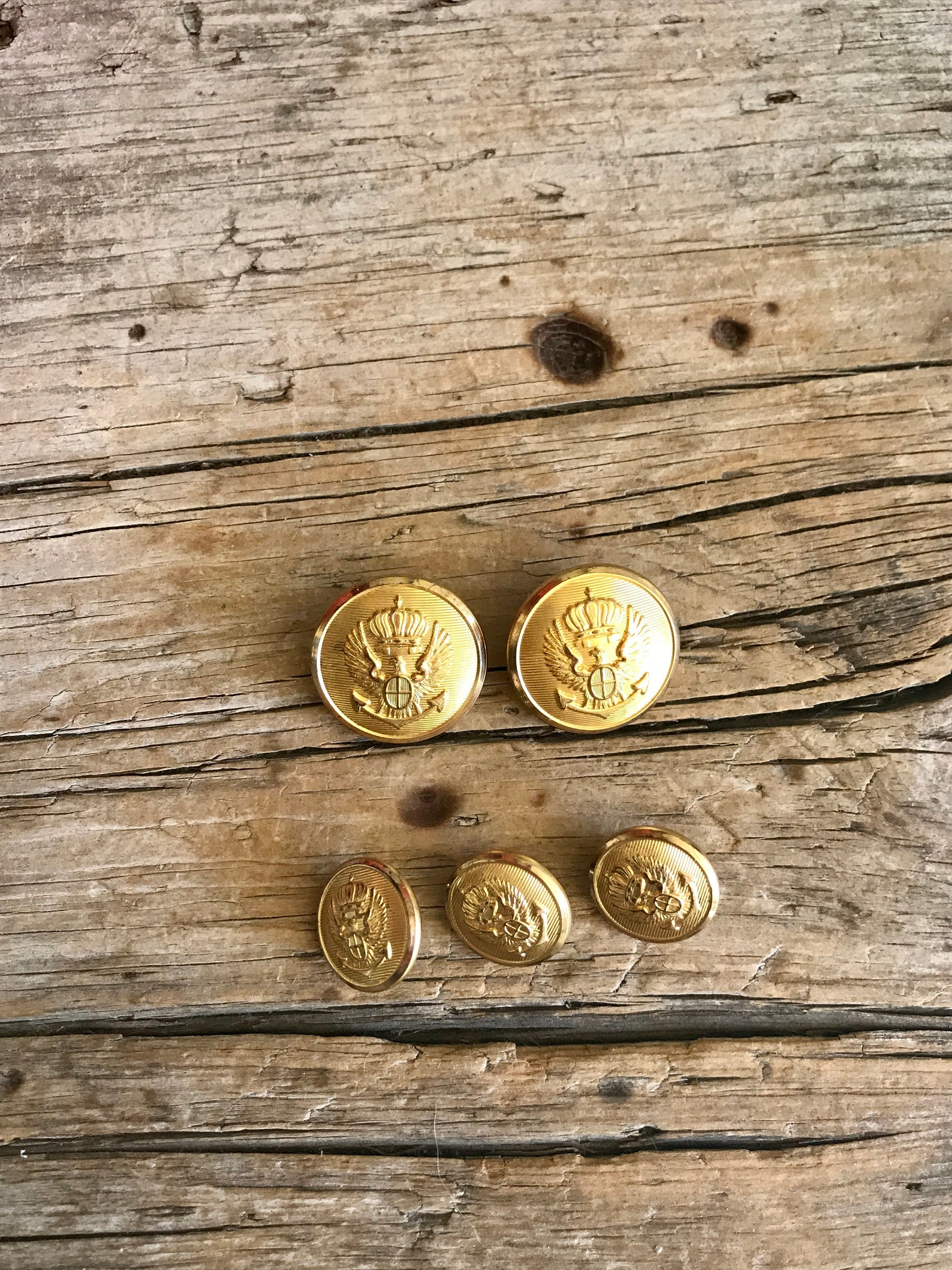Military Buttons / Gold Tone / Bird / Crown / Shield / Anchor / Two 0. ...
