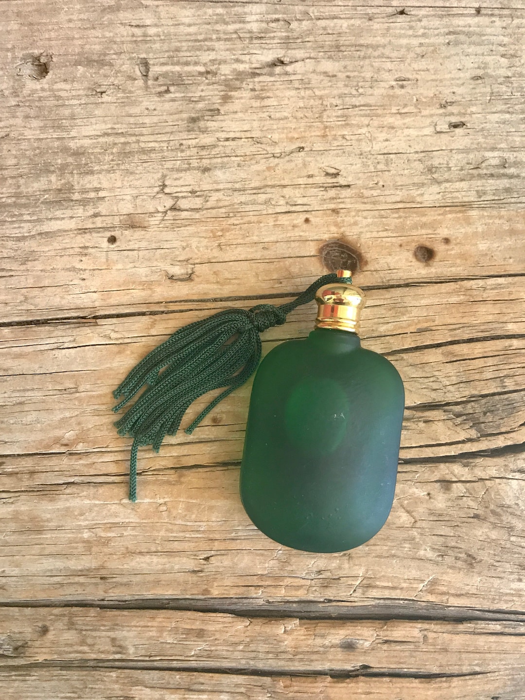 Frosted Glass / Perfume Bottle / Green Tassel Top / Gold Tone Screw on ...