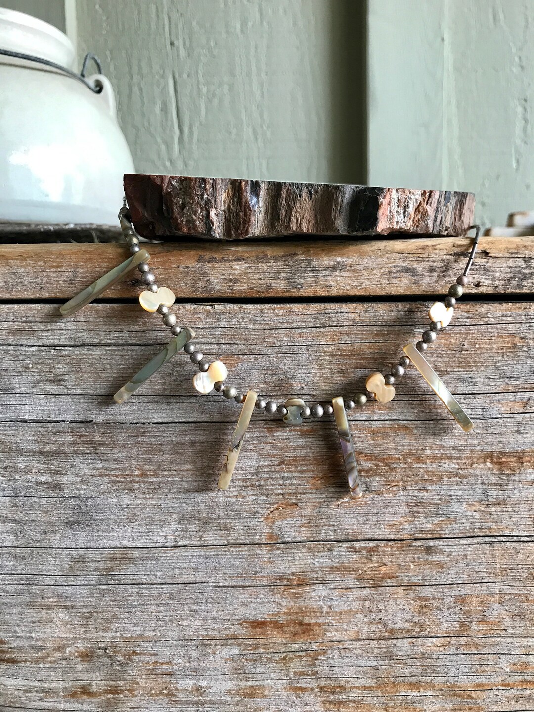 Sterling Silver / Beaded Choker / Abalone Shell / Liquid Silver ...