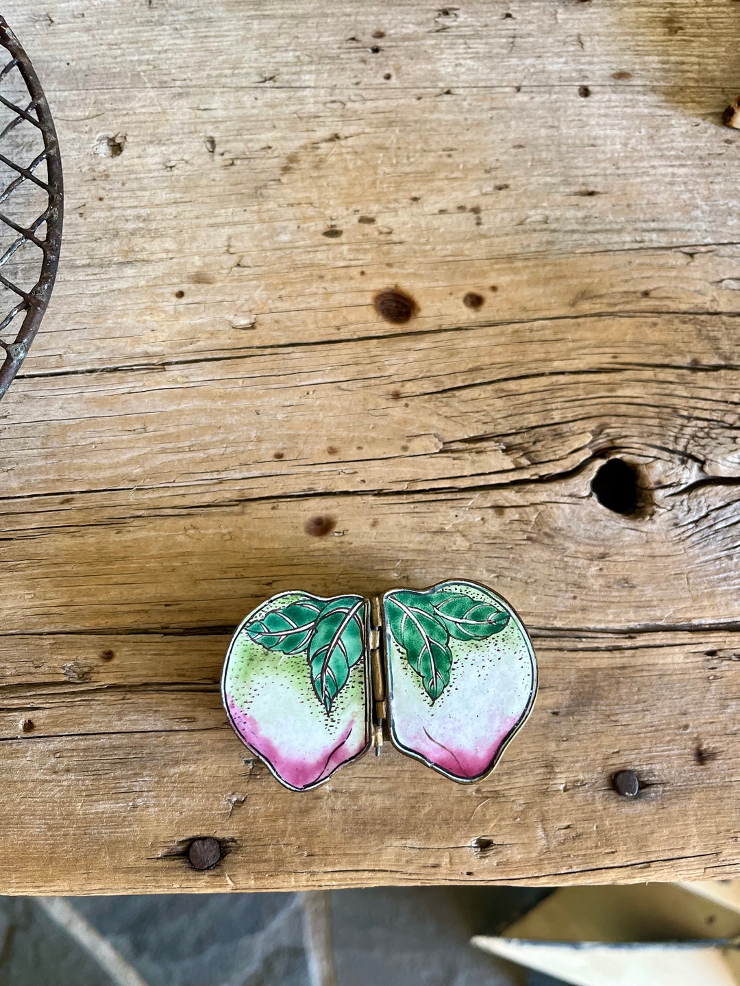 Trinket Box / Enamel Pill Box / Hinge / Double Sides / Fruit / Green ...
