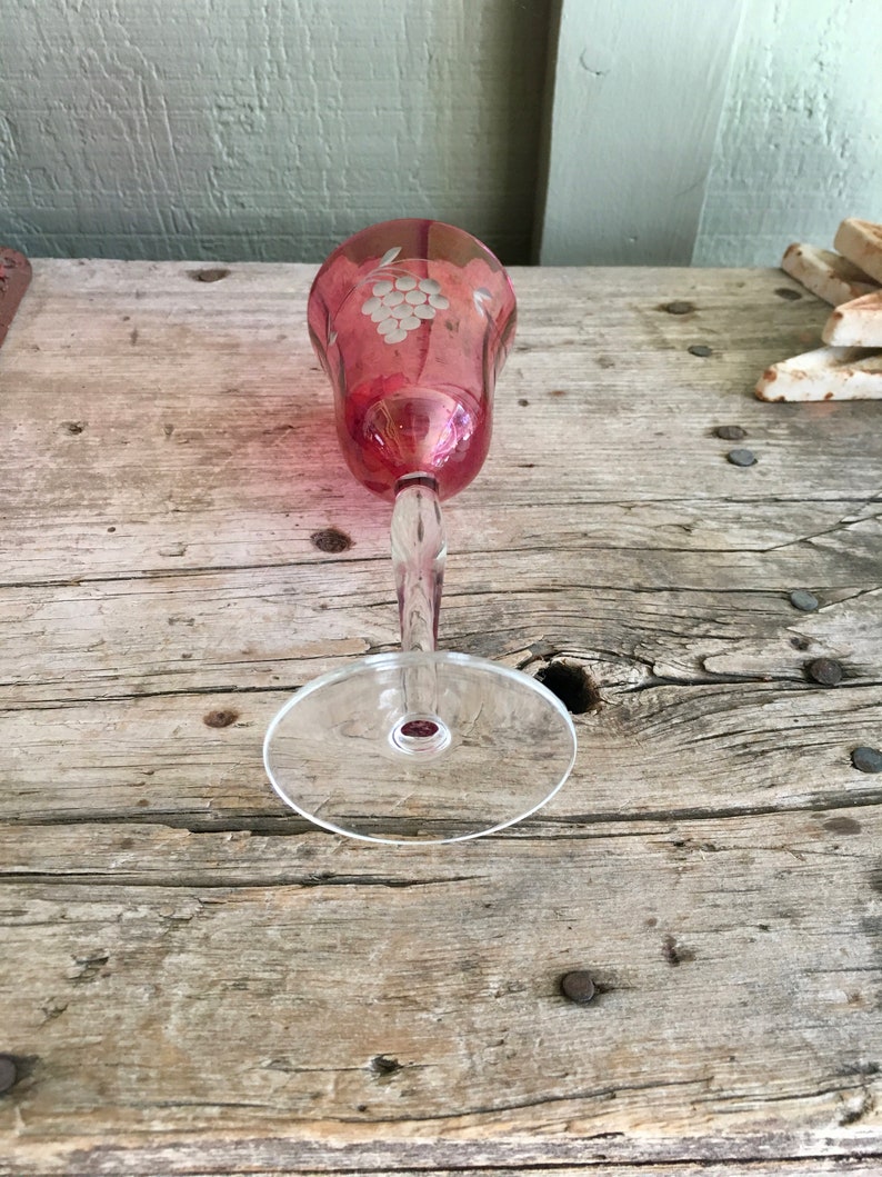 Wine Glass / Ruby Red / Flashed Glass / Ribbed / Clear Stem / - Etsy