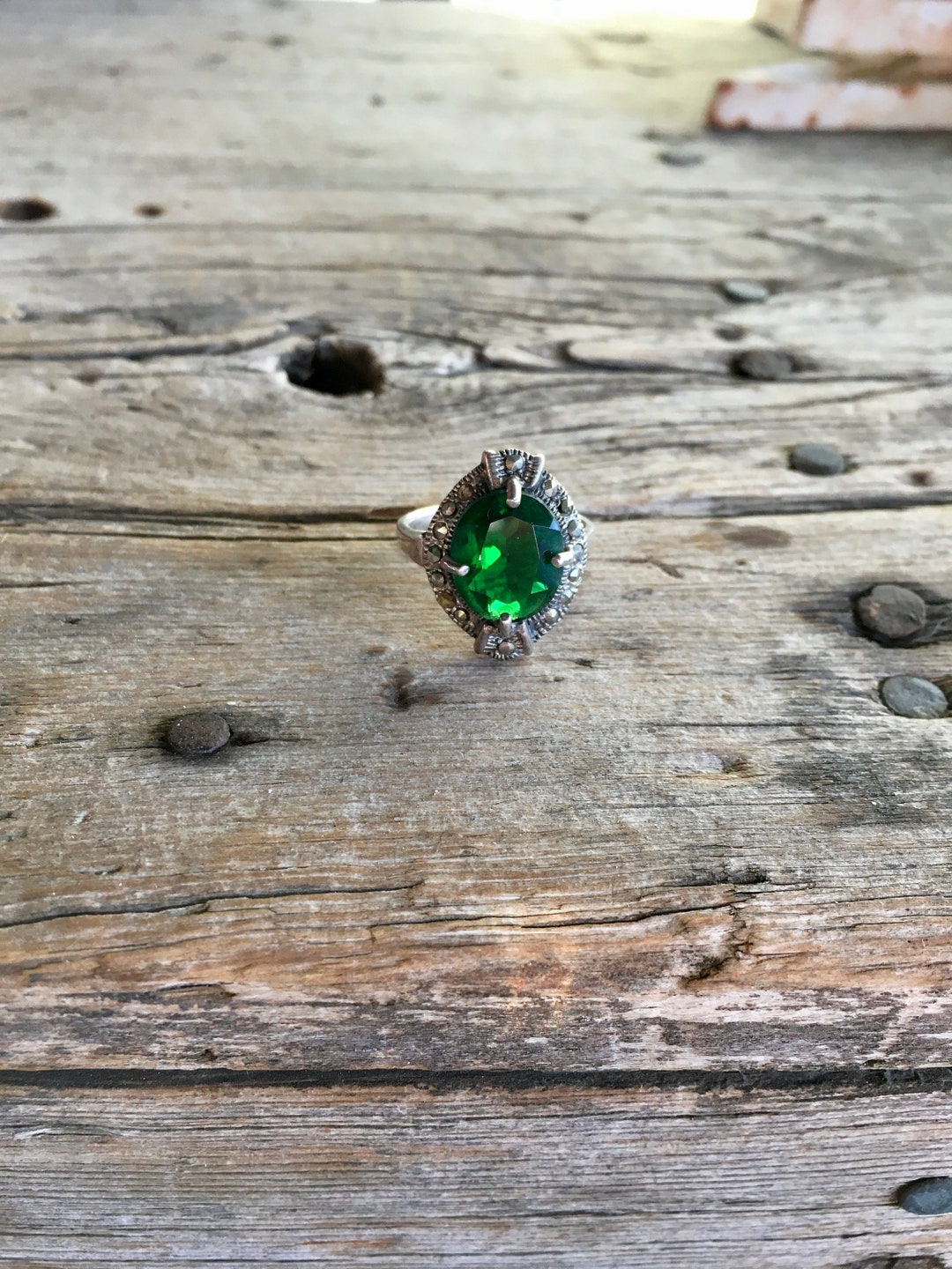 Sterling Silver Ring / Green Glass / Oval Stone / Prong Set / Open ...