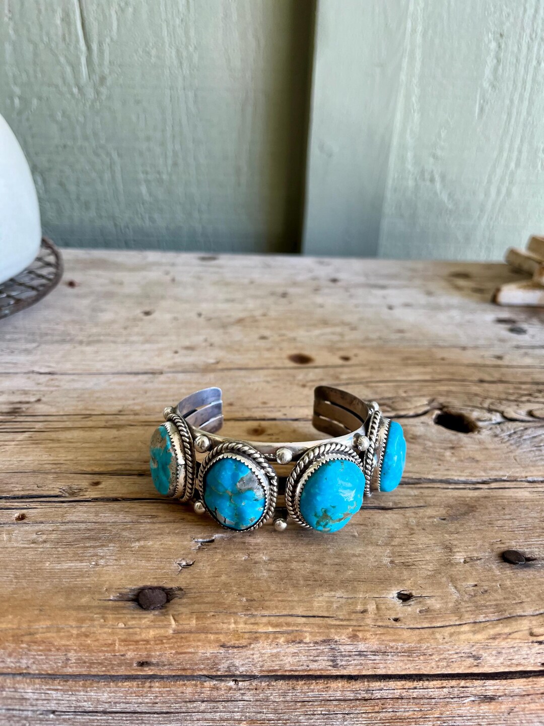 Native American / Sterling Silver Cuff / Large / Turquoise Gemstones ...