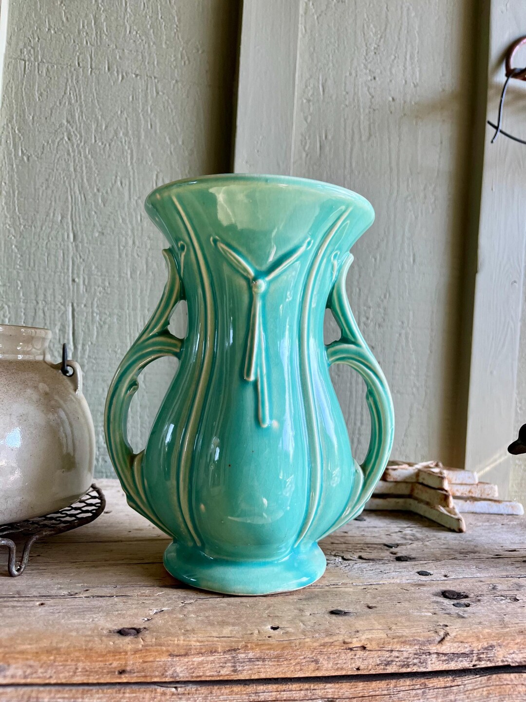 Mccoy Pottery / Turquoise Blue / Pottery Vase / Double Handles / Made ...