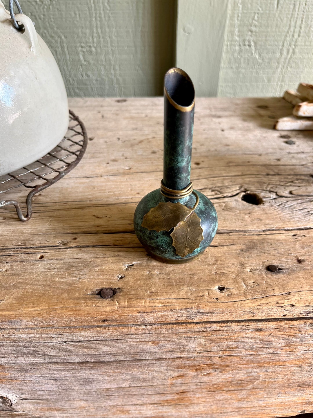 Brass Verdigris / Brass Vase / Brass Leaves / Blue Green Patina / Bud ...