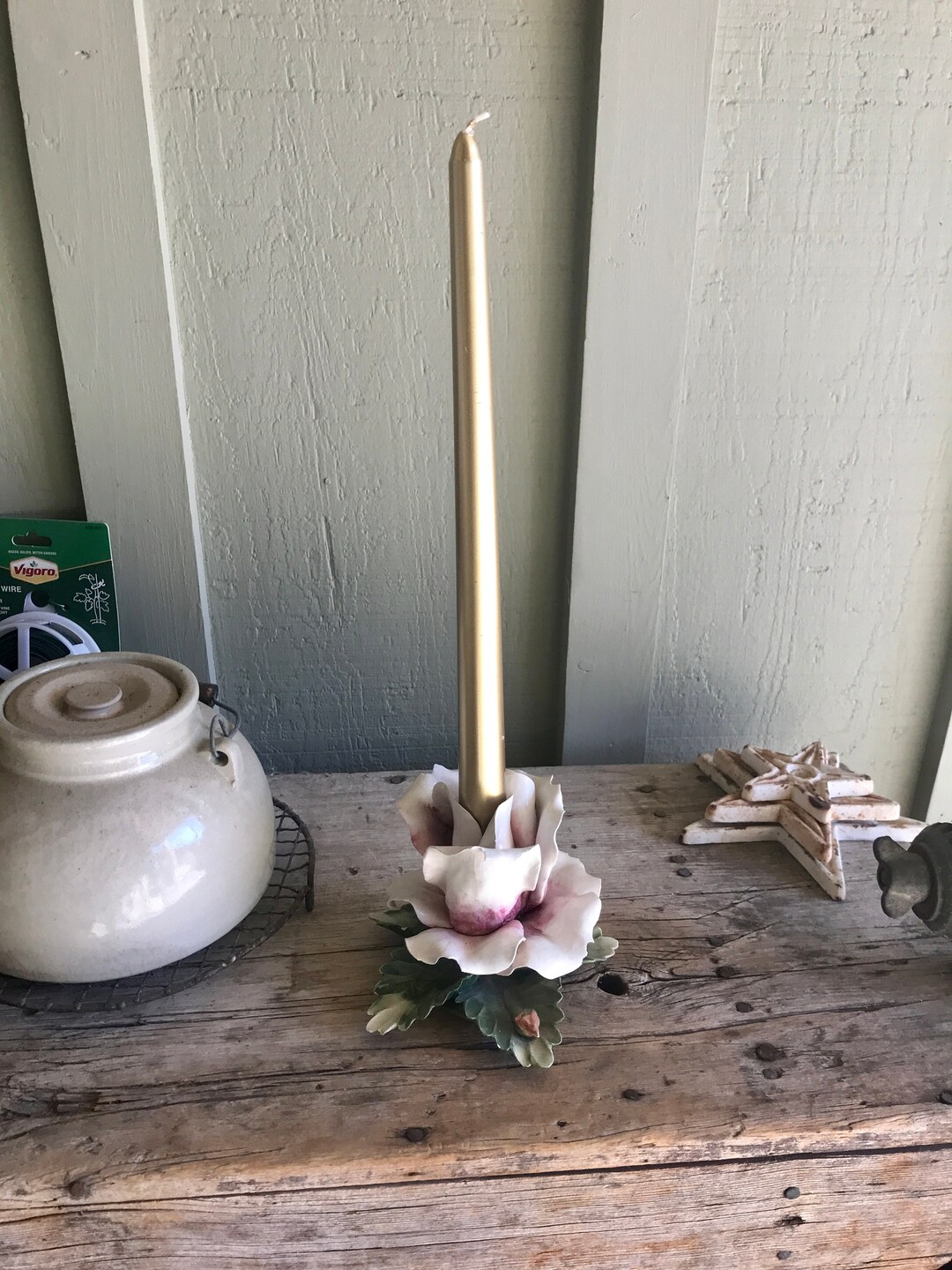 Pink Rose / Light Pink / Ceramic Rose / Candlestick Holder / Green ...