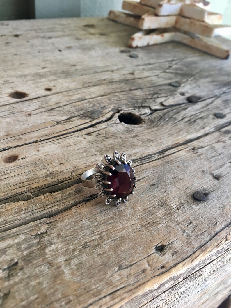 Sterling Silver Ring / Faux Garnet / Large Stone/ Big / Oval / Faceted ...