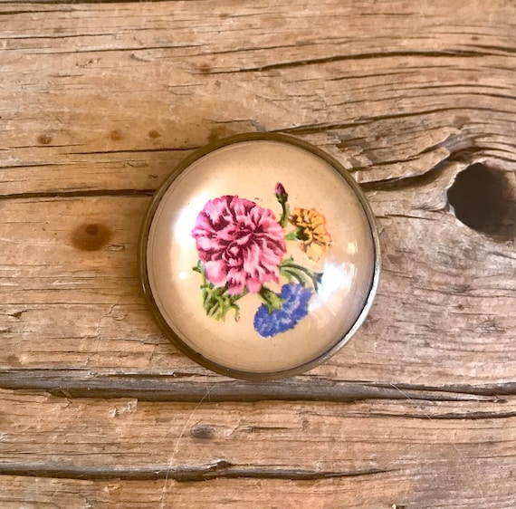 Floral Brooch / Domed Glass / Stamp Work / Pink Flowe… - Gem