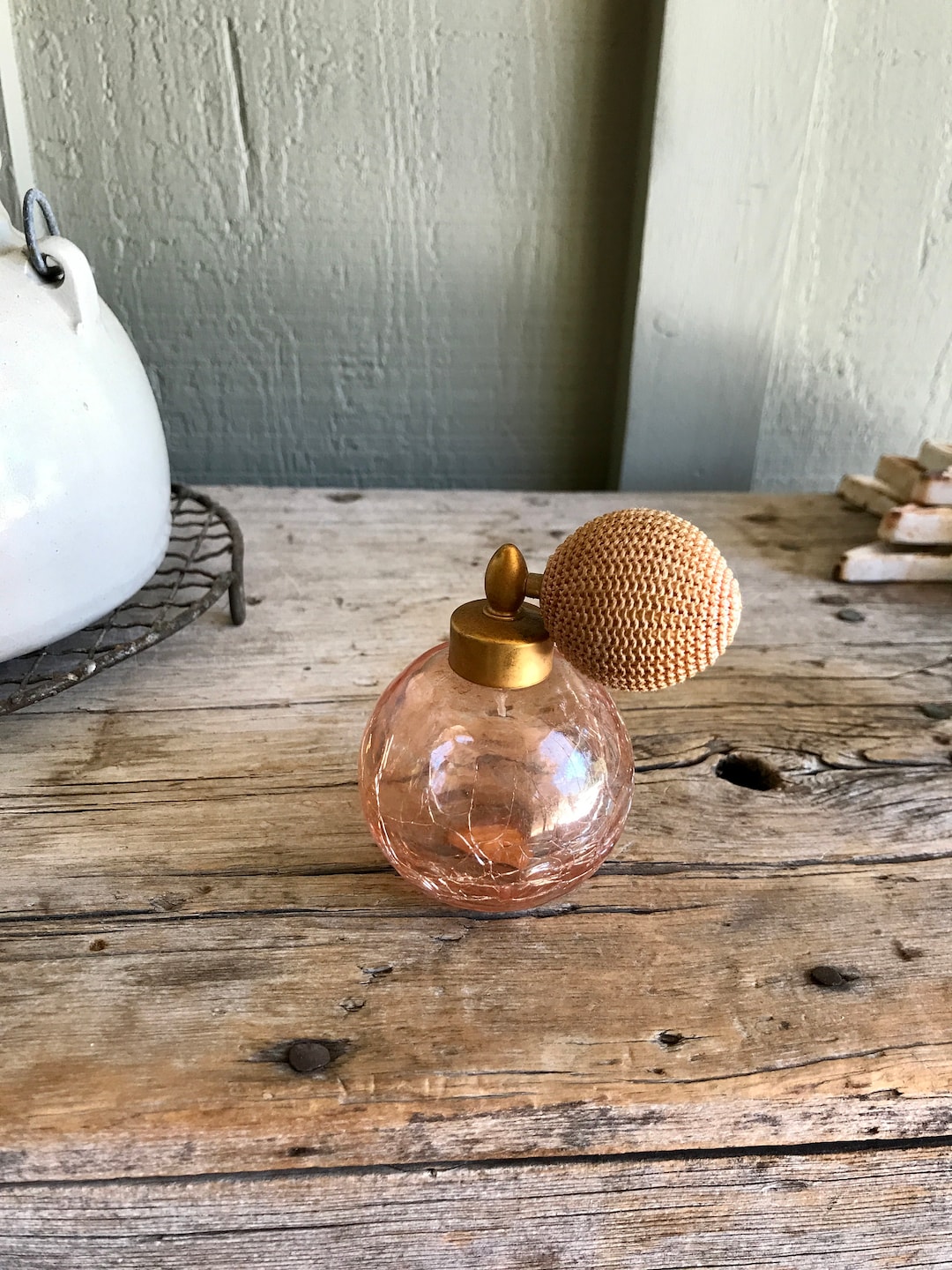 Holmspray / Perfume Bottle / Peach Glass / Crackled Glass / Round Ball ...