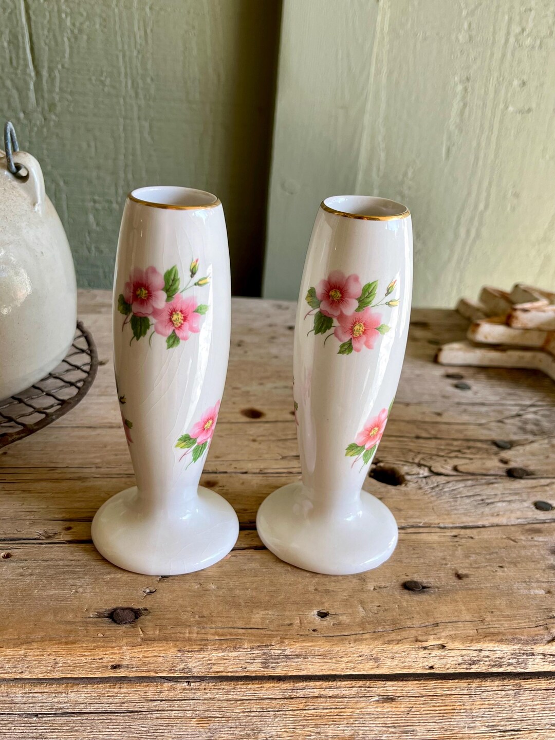 Lord Nelson Pottery / 2 Vases / Floral Design / Pink Flowers / Green ...