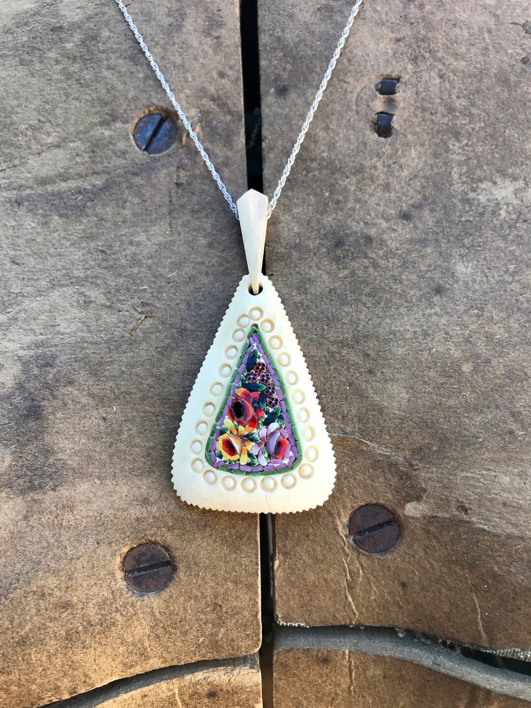 Micro Mosaic / Carved Bone / Large Triangle / Floral / Red Rose ...