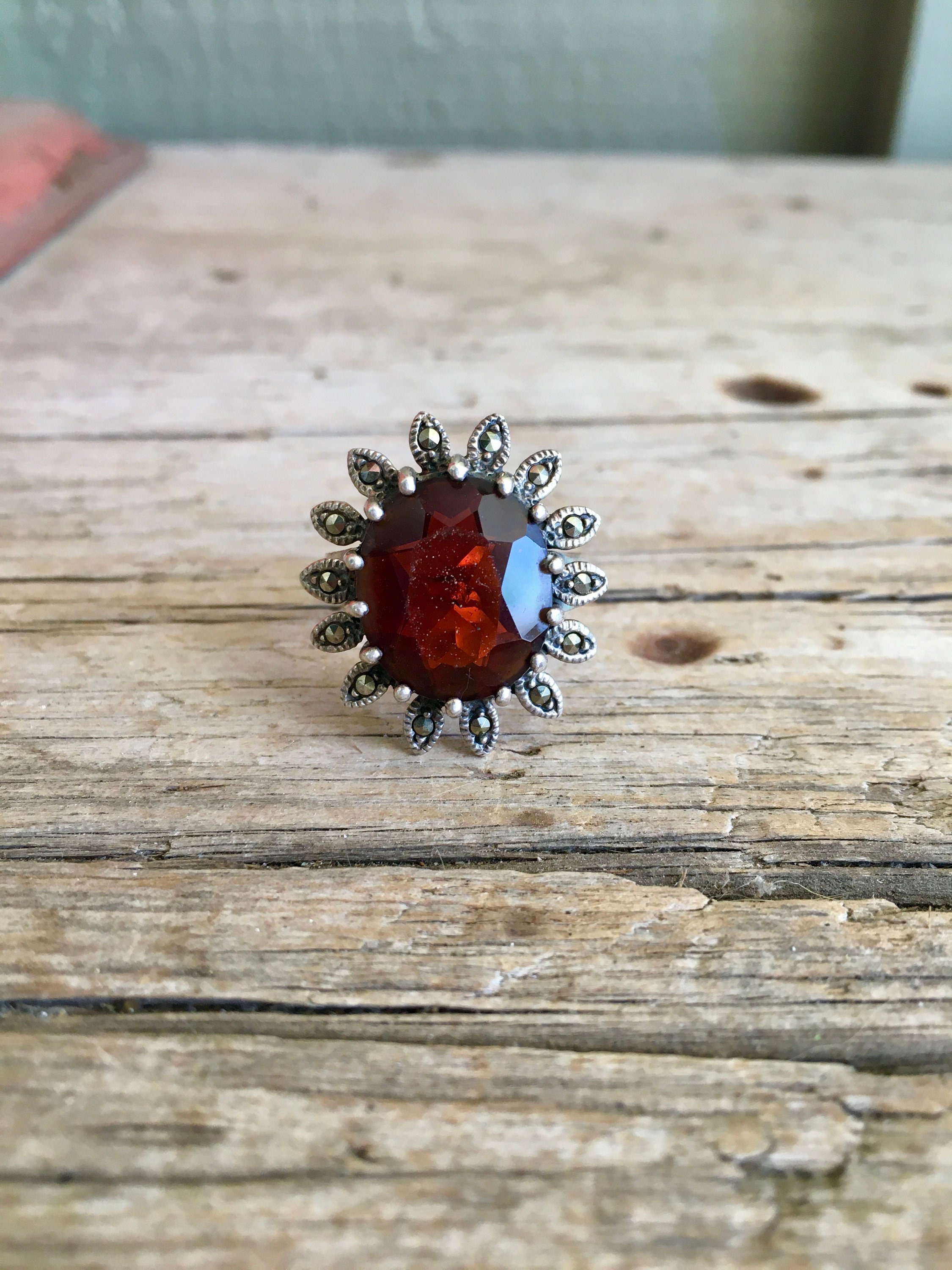 Sterling Silver Ring / Faux Garnet / Large Stone/ Big / Oval / - Etsy