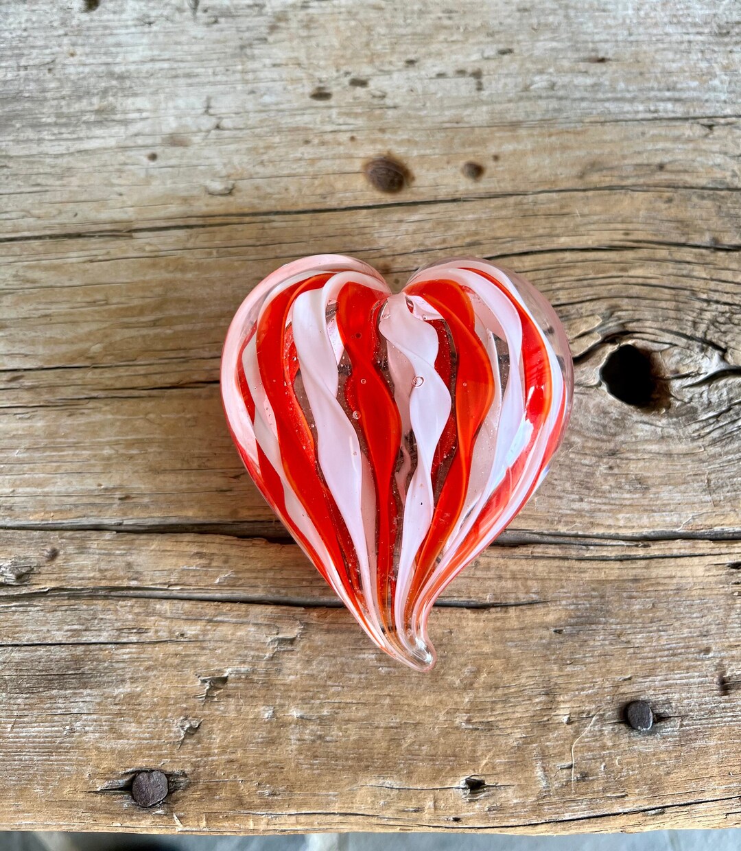 Two’s Company / Hand Blown Glass / Heart Paperweight / Red Swirls ...