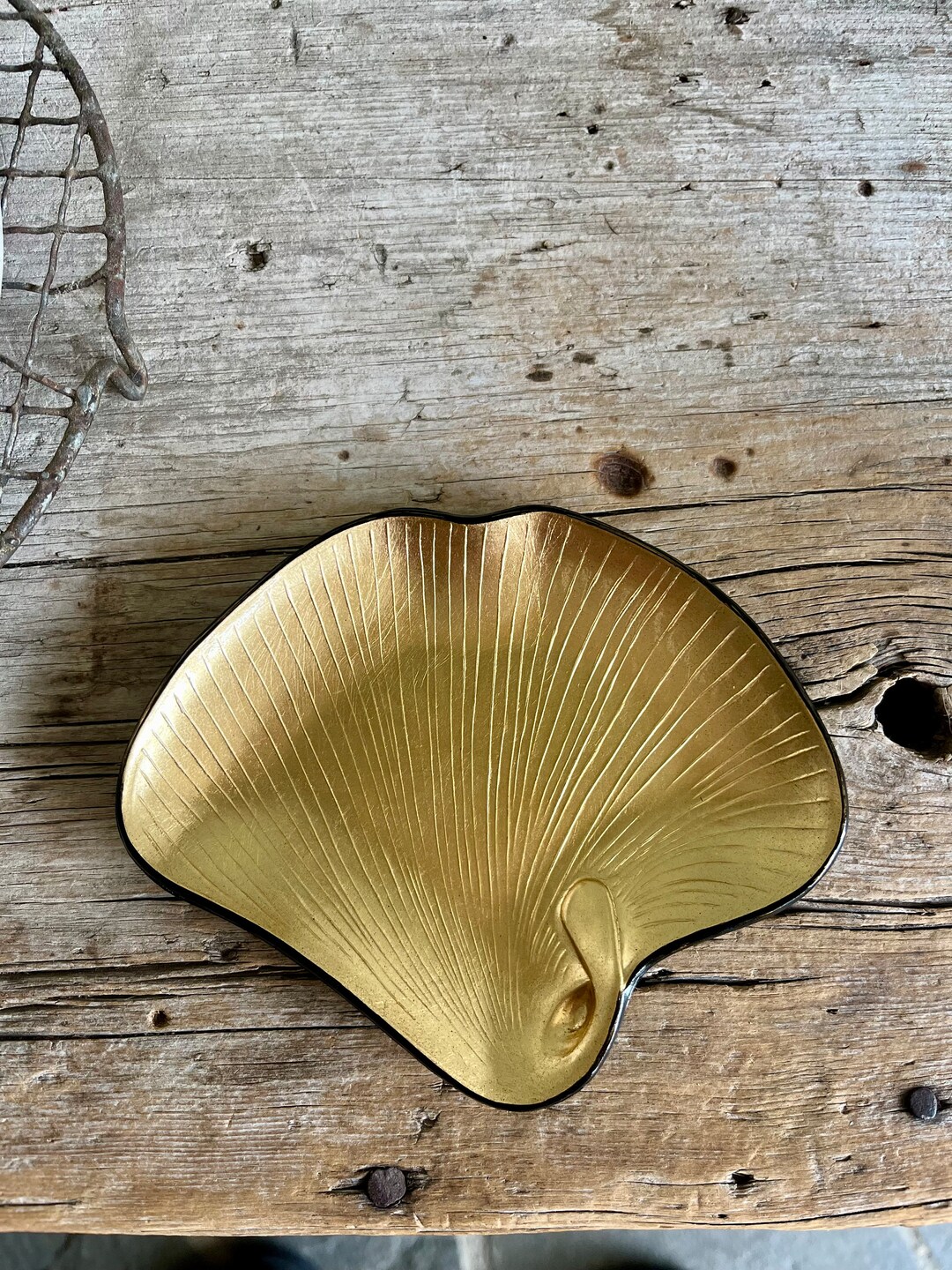 Gold Dish / Gingko Biloba / Leaf Fan Dish / Trinket Dish / Textured ...