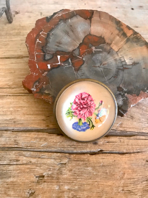 Floral Brooch / Domed Glass / Stamp Work / Pink Flowe… - Gem