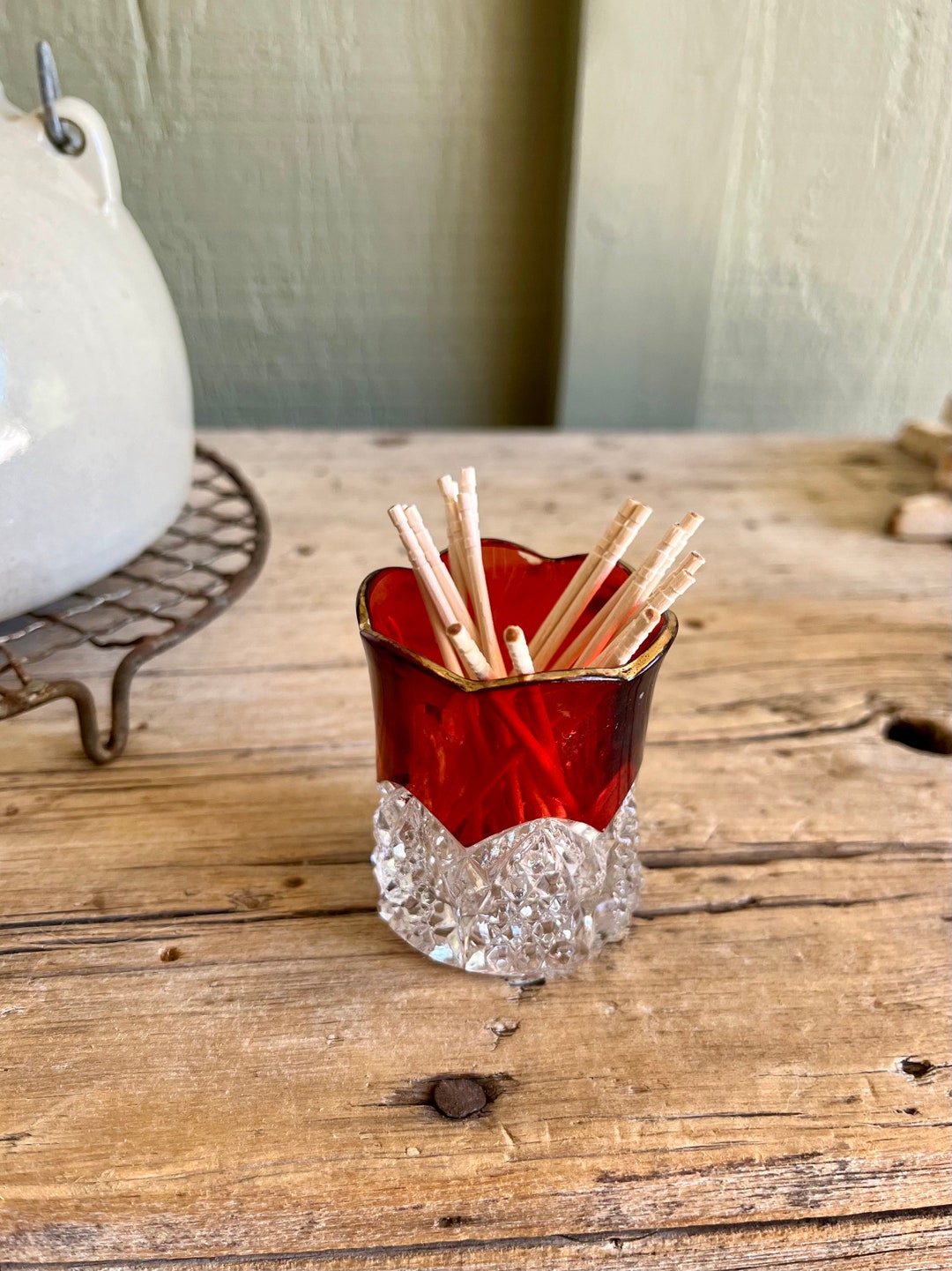 Toothpick Holder / Cranberry Glass / Clear Crystal / Gold Gilt ...