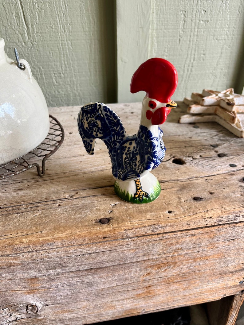 Ceramic Rooster / Rooster Figurine / Blue and White / Floral Textured ...