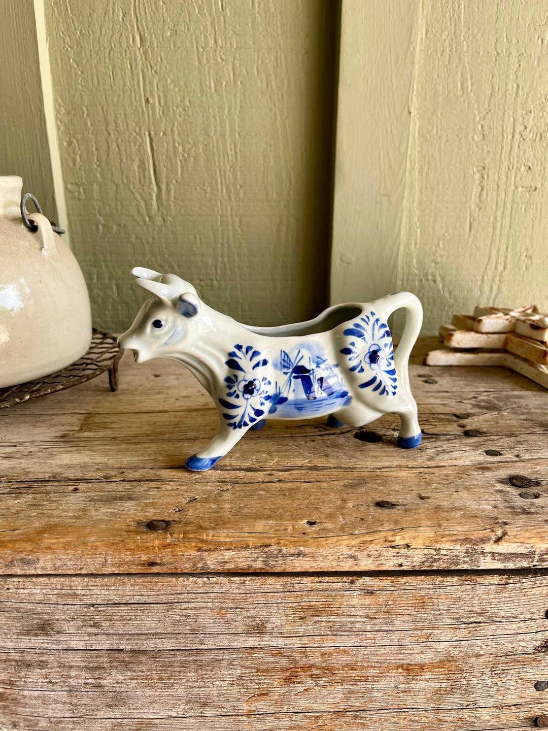 Hand Painted Delft Ware / Cow Creamer / Blue and White / Windmill ...