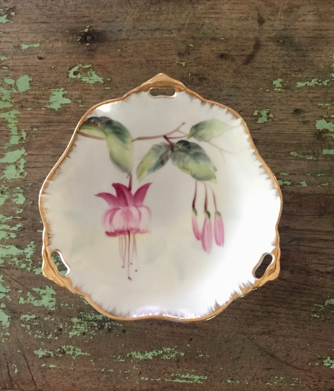 Hand Painted Fuchsia Flower Dish / Pink / Triangular / Scalloped Edge ...