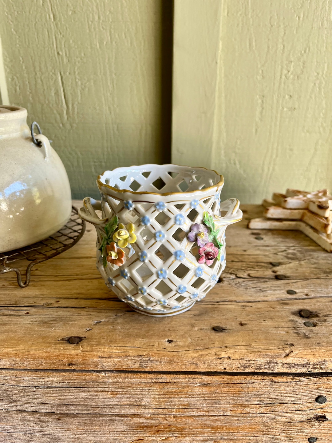Dresden Porcelain / Reticulated Planter / Hand Painted Vase / Diamond ...