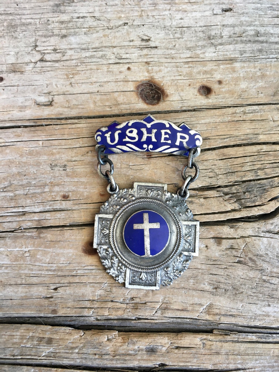 Silver Tone / Usher Pin / Badge / Religious Cross / Blue Enamel ...