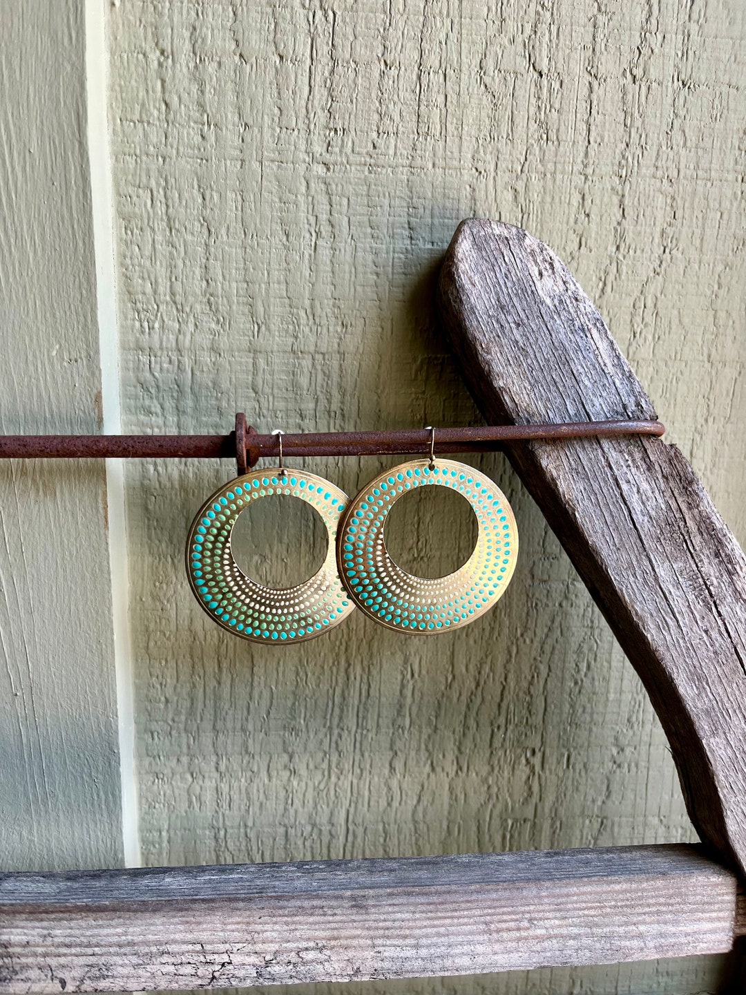 Gold Tone / Dangle Hoops / Hoop Earrings / Large Hoops / Turquoise ...