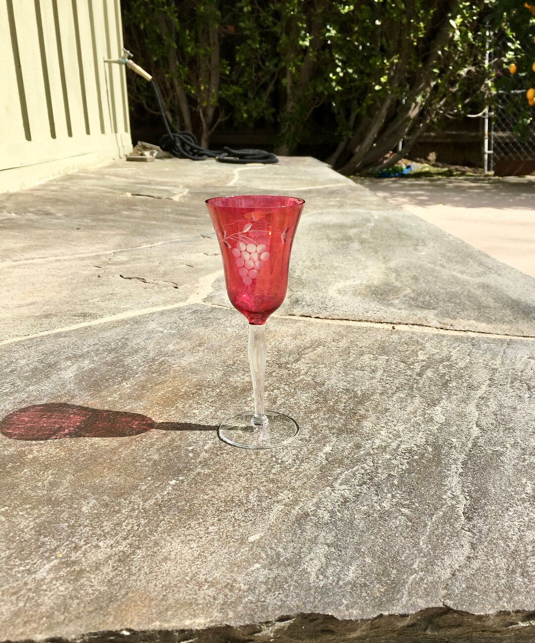 Wine Glass / Ruby Red / Flashed Glass / Ribbed / Clear Stem / Cut ...