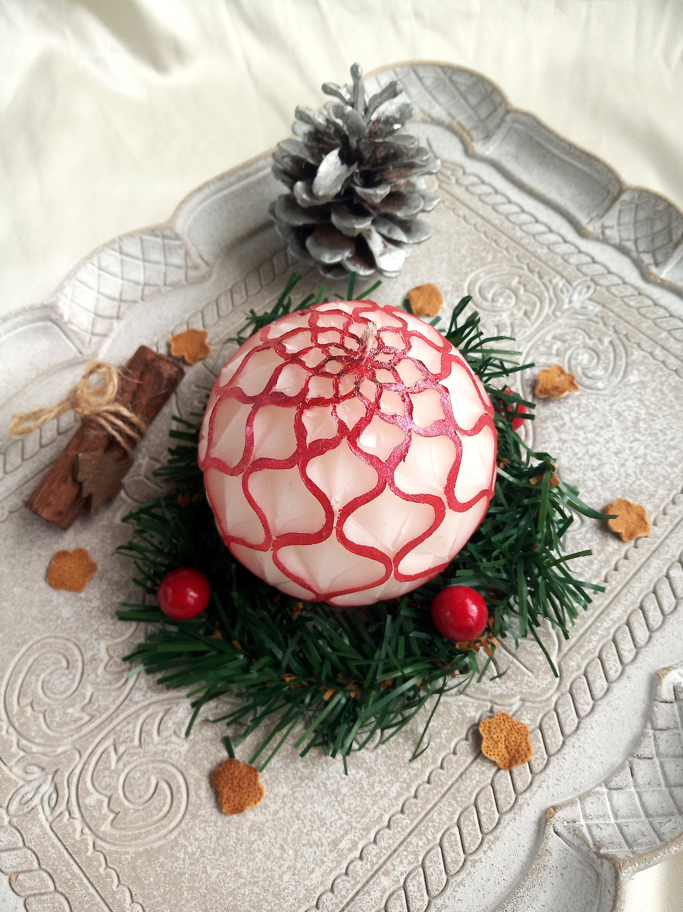 Christmas Red Candle, Sphere Candle, Round Carving Candle, Paraffin ...