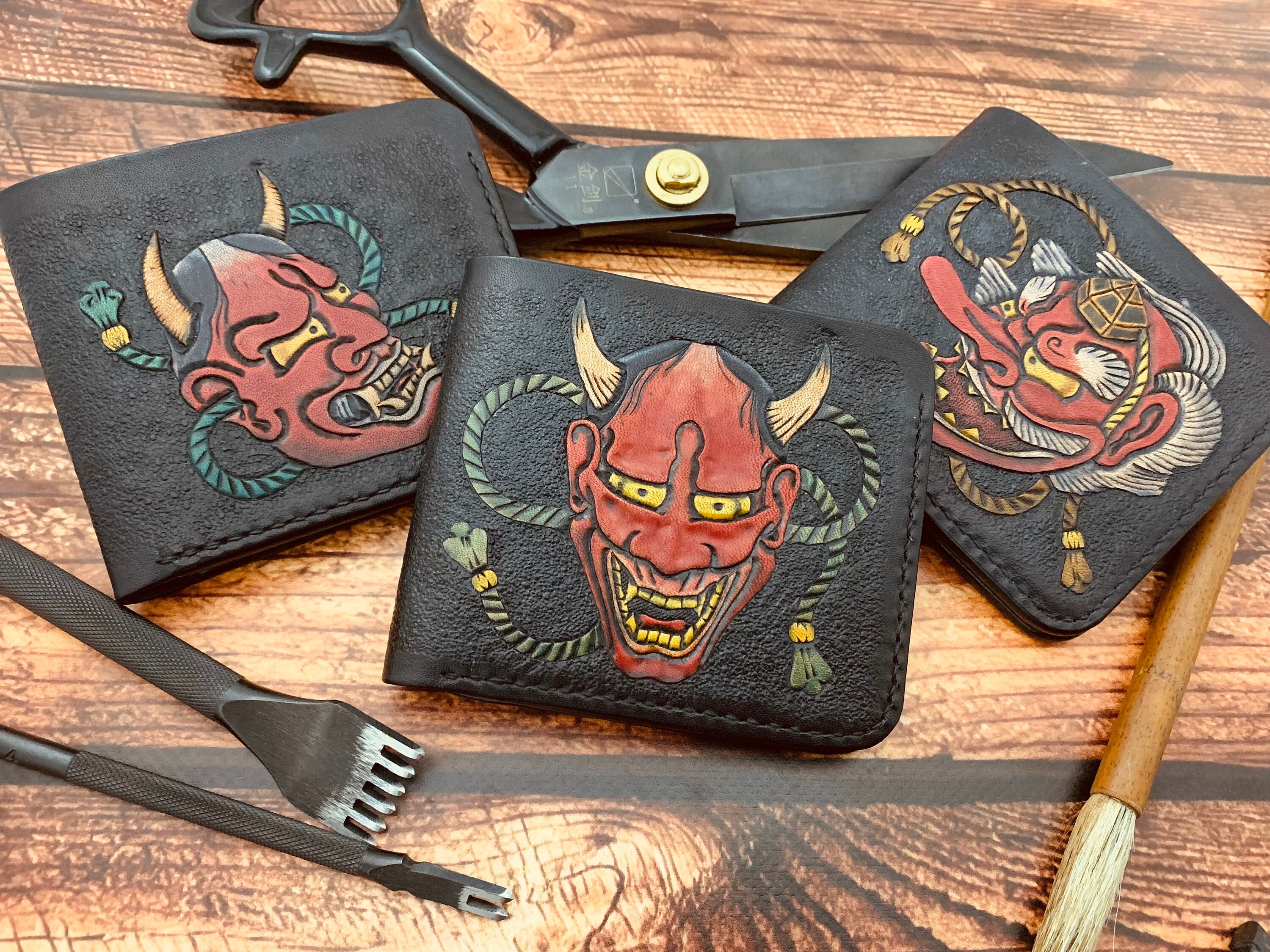 Japanese Hannya Mask Black Leather Wallet, Handmade, Tooled Leather ...