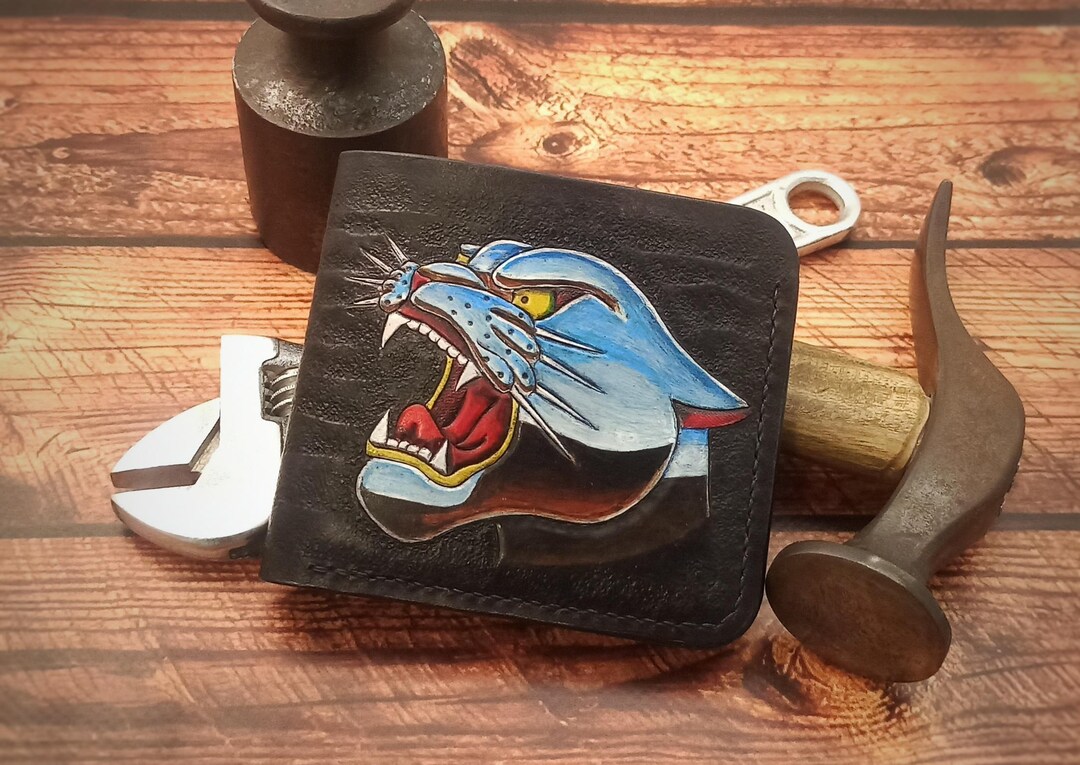 Chrome Panther Black Leather Wallet, Handmade, Tooled, Bifold Wallet ...