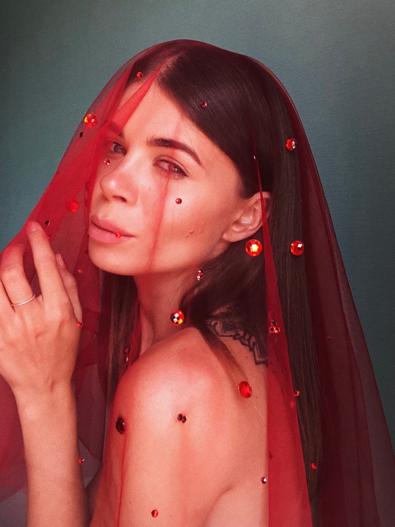 Red Bridal Veil Red Veil Red Headdress Veil With Crystals - Etsy