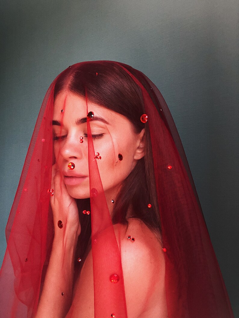 Red Bridal Veil Red Veil Red Headdress Veil With Crystals - Etsy