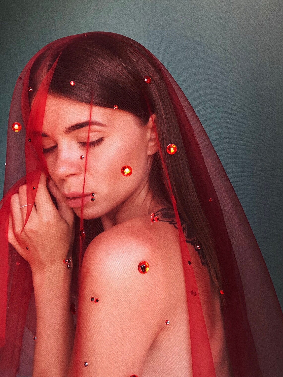 Red Bridal Veil Red Veil Red Headdress Veil With Crystals - Etsy