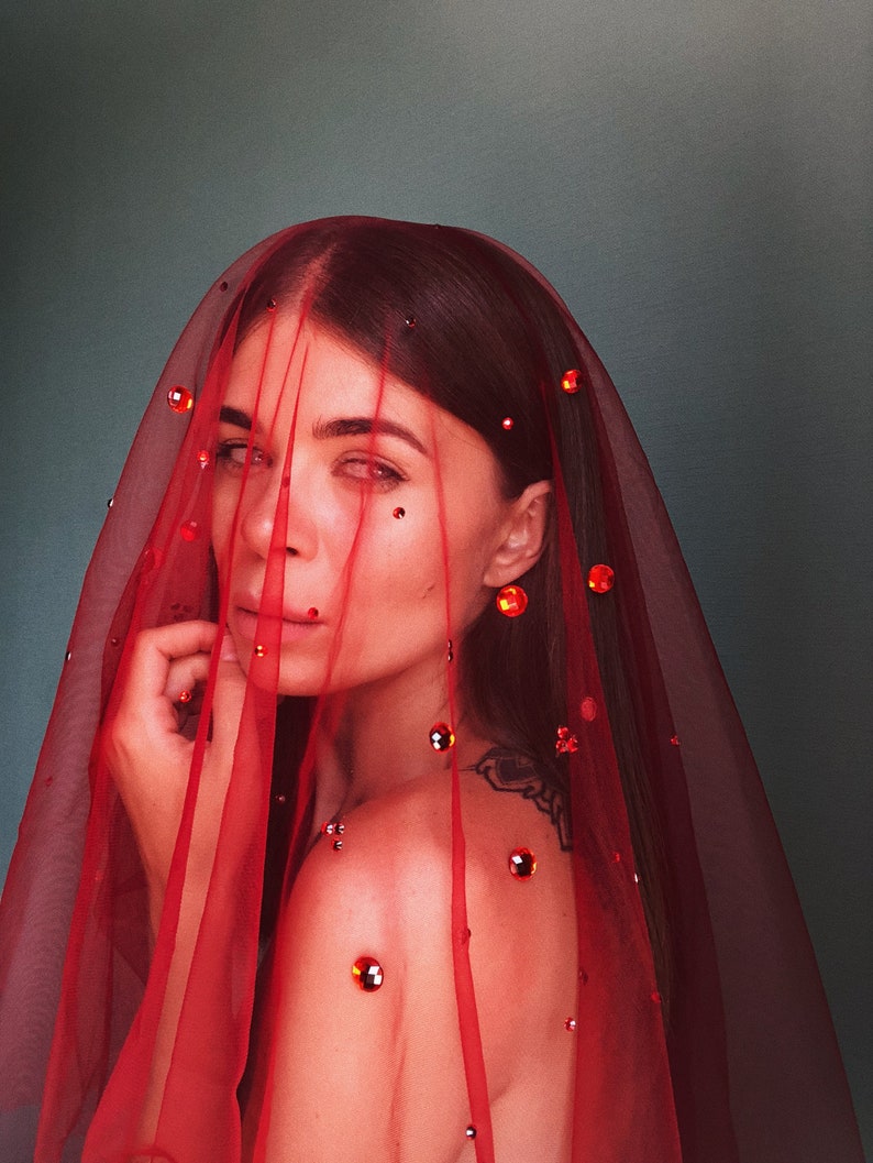 Red Bridal Veil Red Veil Red Headdress Veil With Crystals - Etsy