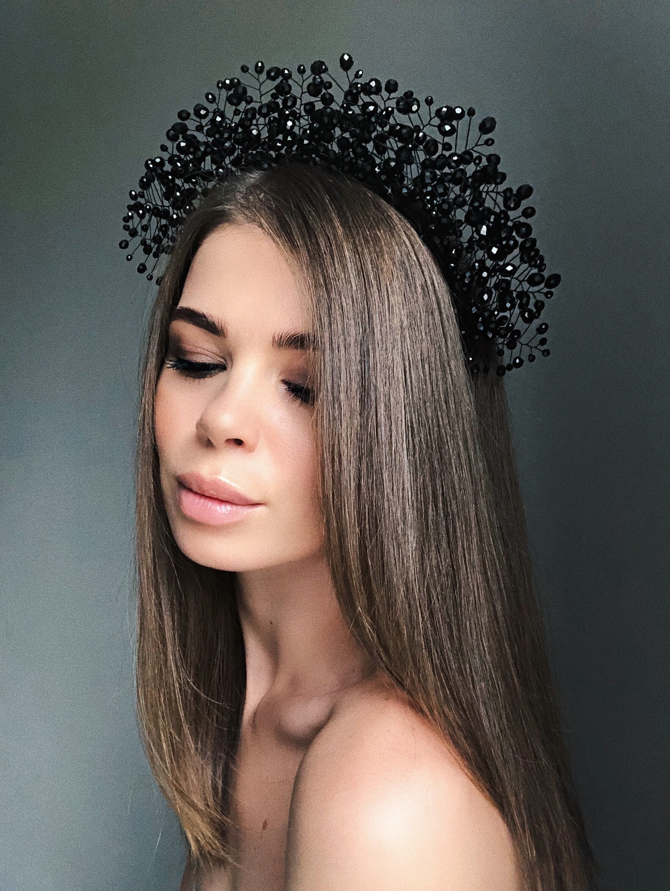 Black Headpiece Black Crown Black Tiara Black Crystals | Etsy