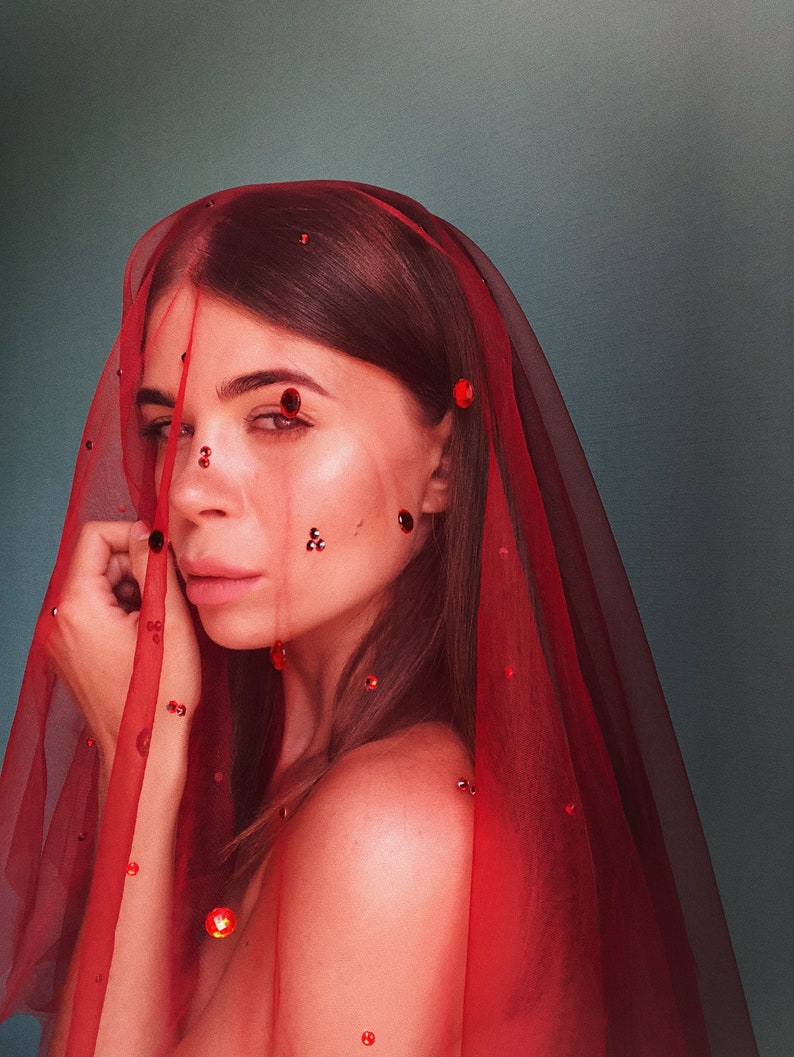 Red Bridal Veil Red Veil Red Headdress Veil With Crystals - Etsy
