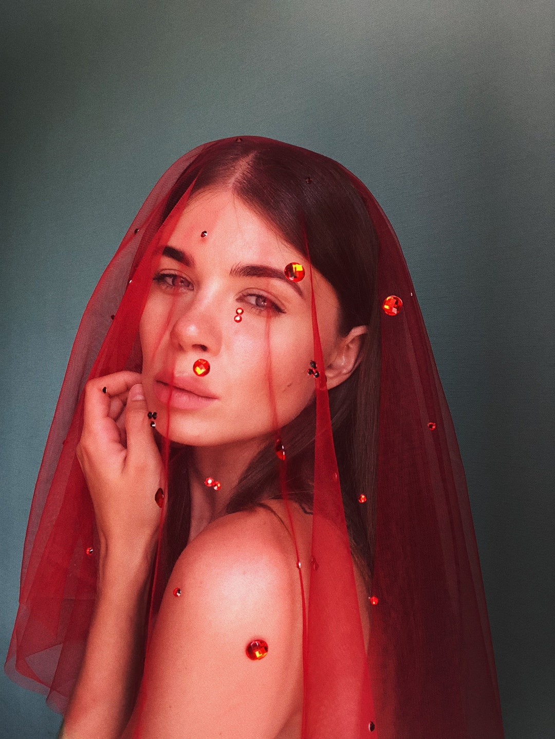 Red Bridal Veil, Red Veil, Red Headdress, Veil With Crystals, Red ...