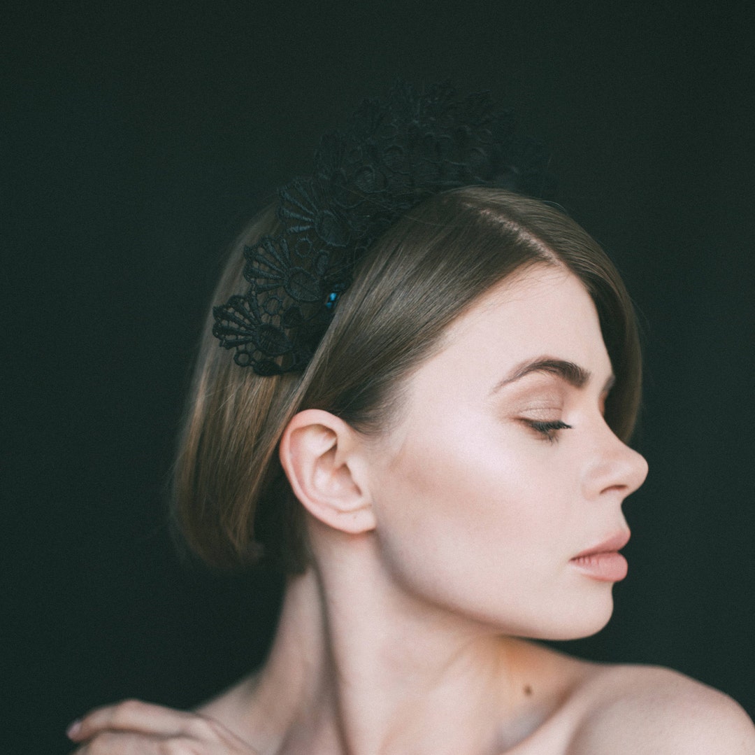 Black Crown, Lace Headband, Black Lace Headpiece, Gothic Headdress ...