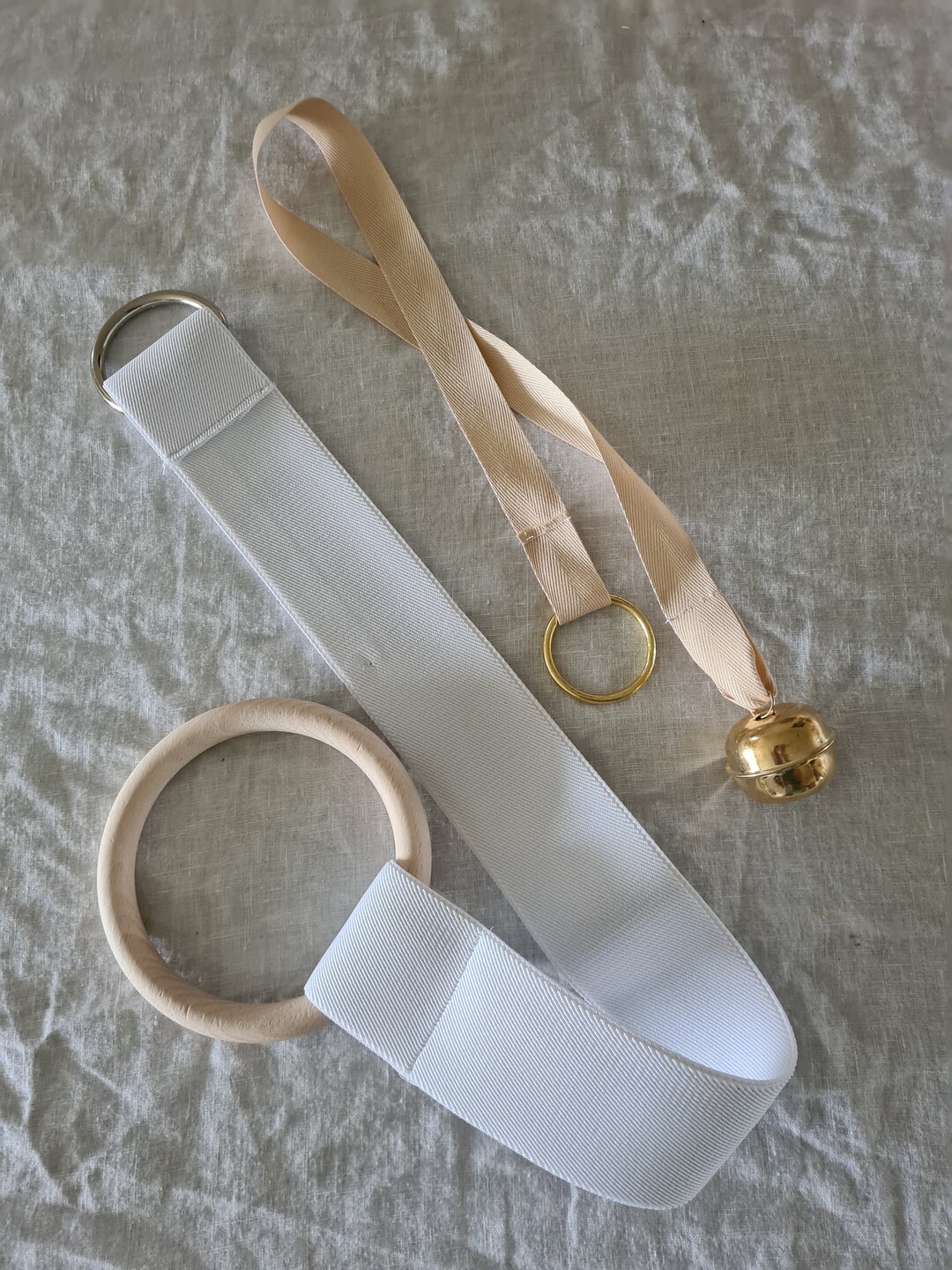 Montessori Tactile Mobiles. Bell on Ribbon. Big Wooden Ring on Elastic ...